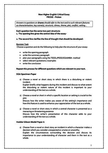 New Higher Critical Essay Questions | Teaching Resources