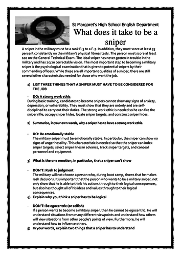 The Sniper - Liam O’Flaherty Unit of Work | Teaching Resources