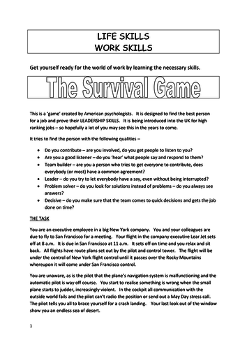 LIFE SKILLS/WORK SKILLS: THE SURVIVAL GAME | Teaching Resources