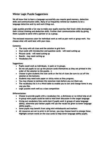 French Winter Logic Puzzle Christmas | Teaching Resources