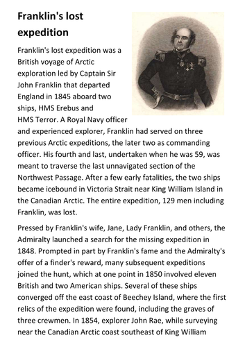 Franklin's lost expedition Handout | Teaching Resources