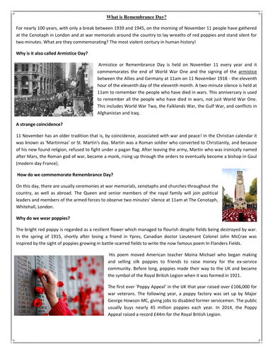 What is Remembrance Day? - Reading Comprehension Worksheet / Text ...