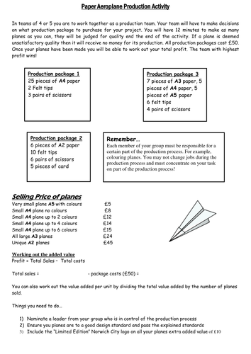 Business production types paper airplane end of topic/unit activity ...