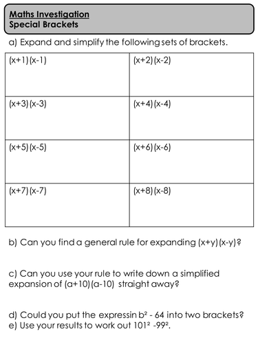 Maths Investigation - Expanding Double Brackets - Special Brackets ...