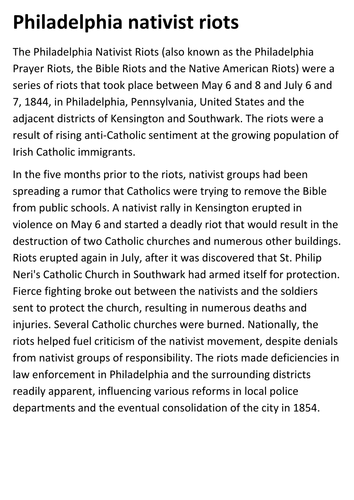 Philadelphia nativist riots Handout | Teaching Resources Philadelphia nativist riots Handout | Teaching Resources