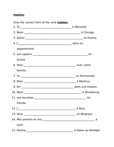 Habiter French verb worksheet | Teaching Resources