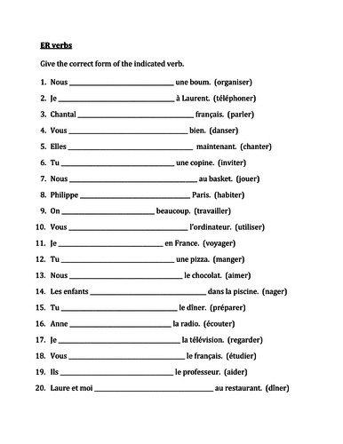 ER Verbs in French Verbes ER Present tense Worksheet 1 | Teaching Resources