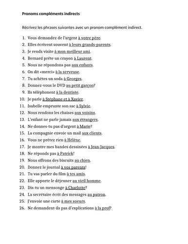 Pronoms compléments Indirect Object Pronouns Worksheet 4 | Teaching ...