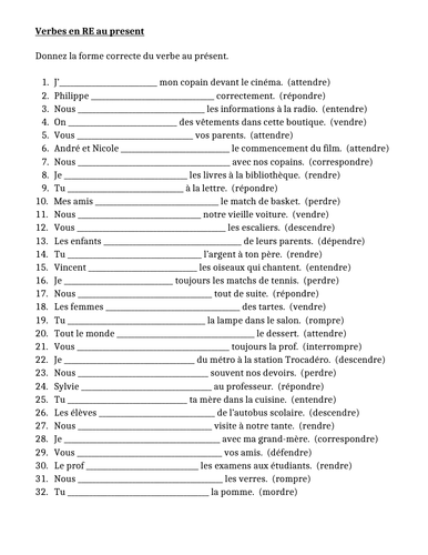RE Verbs in French Verbes RE Present tense Worksheet 3 | Teaching Resources