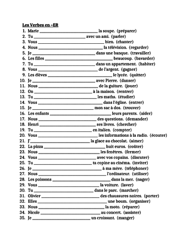 ER Verbs in French Verbes ER Present tense Worksheet 10 | Teaching ...