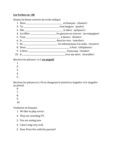 ER Verbs in French Verbes ER Present tense Worksheet 11 | Teaching ...
