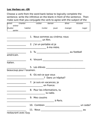 ER Verbs in French Verbes ER Present tense Worksheet 12 | Teaching ...