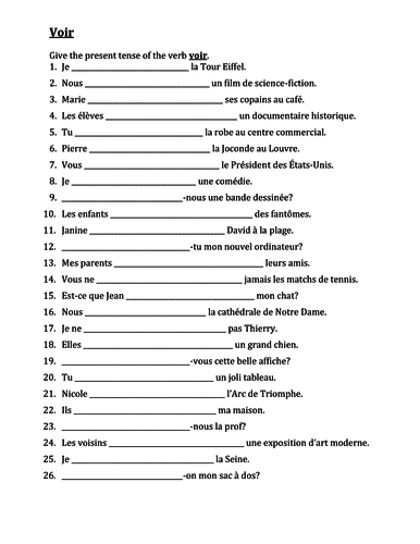 Voir French verb worksheet | Teaching Resources