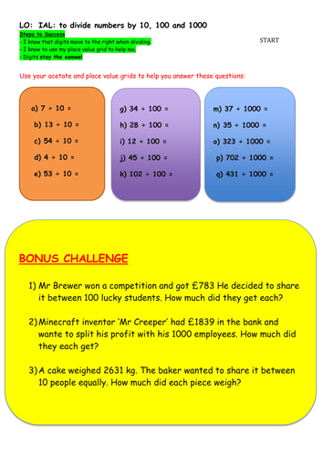 Multiplying and Dividing by 10, 100 and 1000 BUNDLE (inc differentiated ...