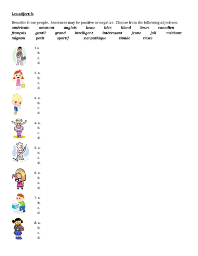 Adjectifs (French Adjectives) Worksheet 3 | Teaching Resources
