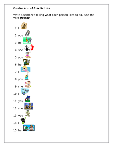 Gustar and AR Verbs in Spanish Verbos AR Worksheet 1 | Teaching Resources