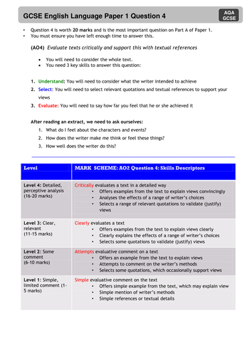 AQA GCSE English Paper 1 Q4 Evaluating a writer's methods | Teaching ...