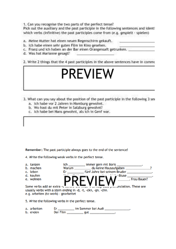 German Perfect Tense workbook | Teaching Resources