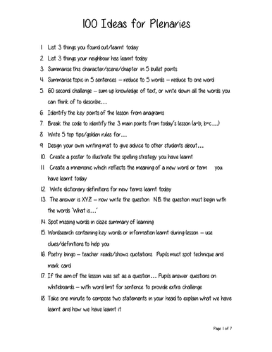 100 Ideas for Plenaries/Exit Tasks/Formative Assessments | Teaching ...