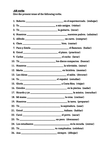 Present Tense Ar Verbs Worksheet