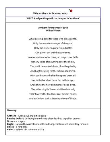 WW1 Poetry - two lessons analysing 'Anthem for Doomed Youth' | Teaching ...
