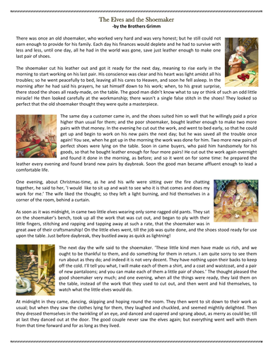 The Elves and the Shoemaker - Reading Comprehension Worksheet / Text ...
