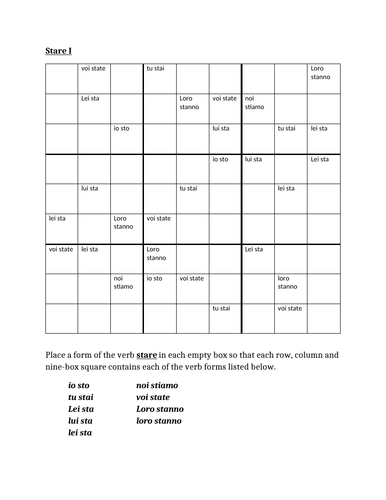 Stare Italian Verb Present Tense Sudoku | Teaching Resources