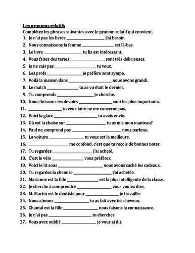 Pronoms relatifs (French Relative pronouns) ALL pronouns worksheet 6 ...