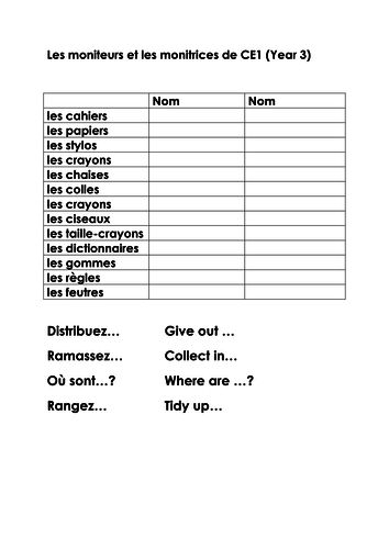French Classroom Monitors List / Les moniteurs et les monitrices ...