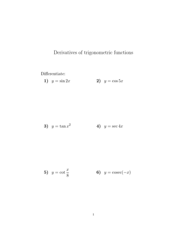 Derivatives of trigonometric functions worksheet (with solutions ...