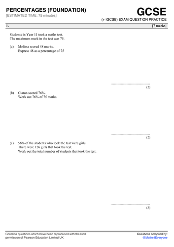 Gcse 9 1 Exam Question Practice Percentages Standard Teaching