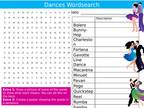 Types of Dances Wordsearch Dance PE Starter Settler Activity Homework ...