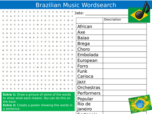 Brazilian Music Wordsearch World Music Starter Settler Activity ...