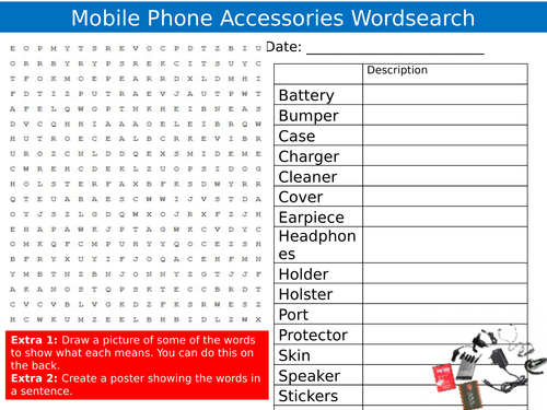 Mobile Phone Accessories Wordsearch Communication Starter Settler ...