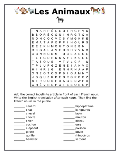 Animaux (Animals in French) Wordsearch for Differentiated Learning ...