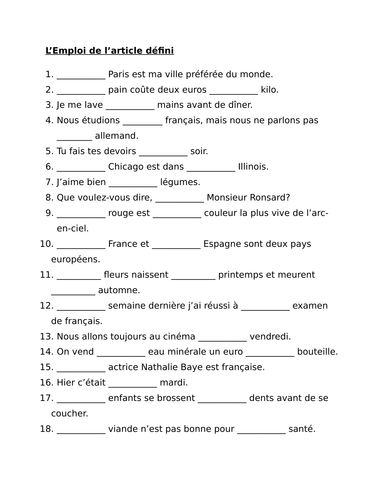 Article défini (Definite Article in French) Worksheet 1 | Teaching ...