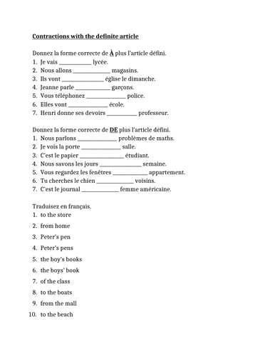 Contractions with the Definite Article in French Worksheet | Teaching ...