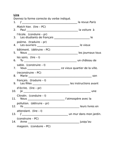 Lire and more French verbs worksheet | Teaching Resources