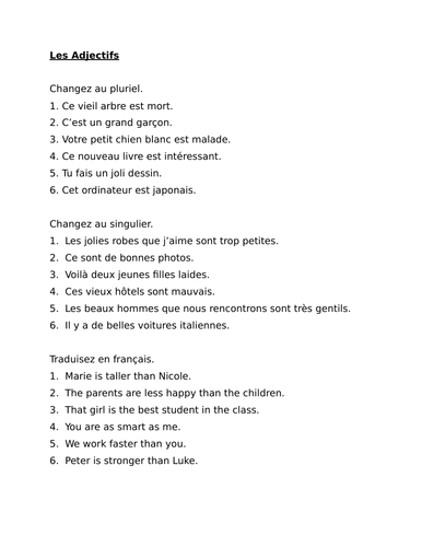 Adjectifs (French Adjectives) Worksheet 5 | Teaching Resources