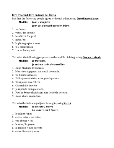 Être d'accord, Être en train de, Être à French Verb Worksheet 1 ...