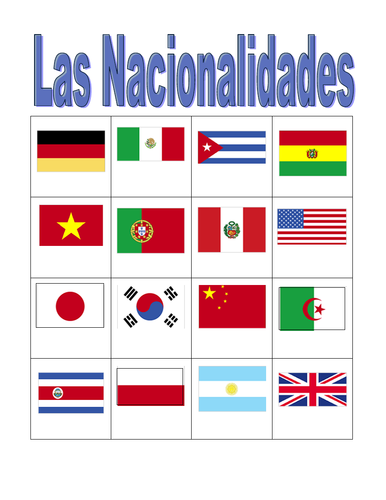 Nacionalidades (Nationalities in Spanish) Bingo | Teaching Resources