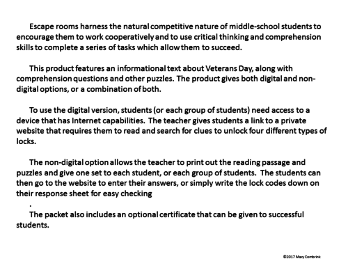 Digital/ Non-Digital Veterans Day Escape Room with Informational Text ...