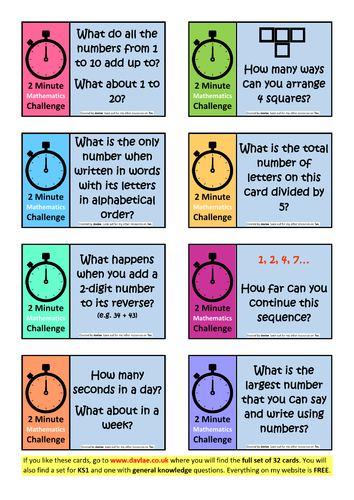 FREE 2 Minute Mathematics Challenge Cards | Teaching Resources