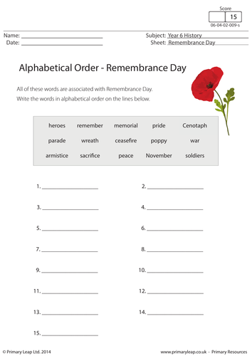 History Resource - Alphabetical Order: Remembrance Day | Teaching Resources