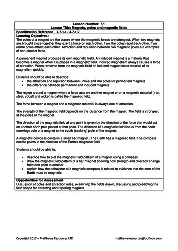 GCSE Science / Physics / (AQA P7) Magnets and Fields (Lesson plan ...