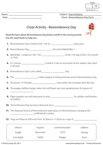 History Resource - Cloze Activity: Remembrance Day Facts | Teaching ...