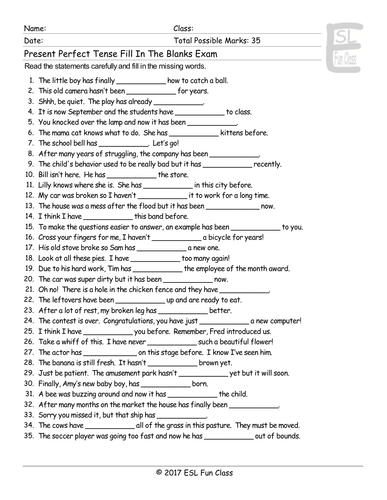 Present Perfect Tense Fill In The Blanks Exam | Teaching Resources