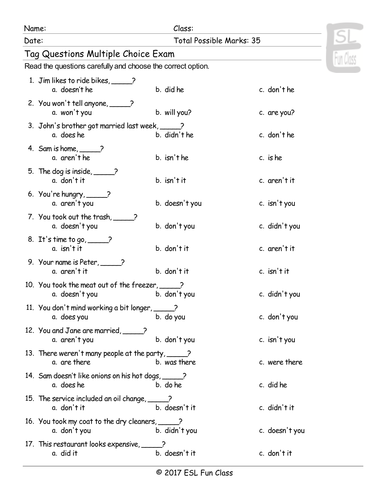 Tag Questions Multiple Choice Exam | Teaching Resources Tag Questions Multiple Choice Exam | Teaching Resources
