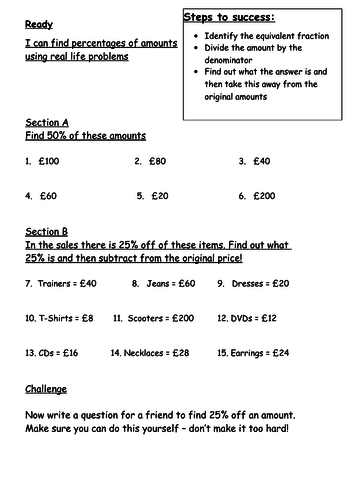 Percentage Real Life Problems (3 Way Differentiation) | Teaching Resources