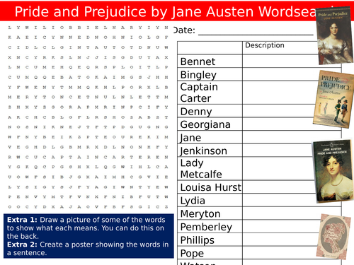Novel Pride and Prejudice Wordsearch Jane Austen Starter Settler ...